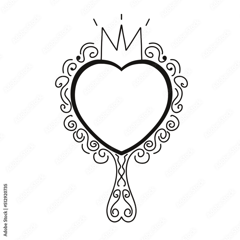 Princess crown mirror frame. Hand drawn doodle handle mirror with crown ...