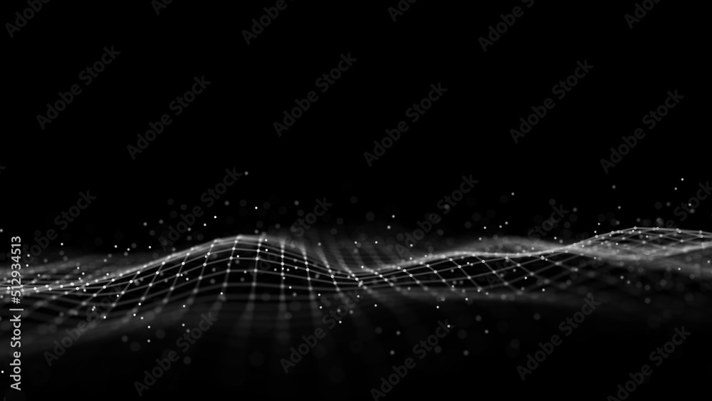 Futuristic moving wave. Digital dark background with moving particles ...