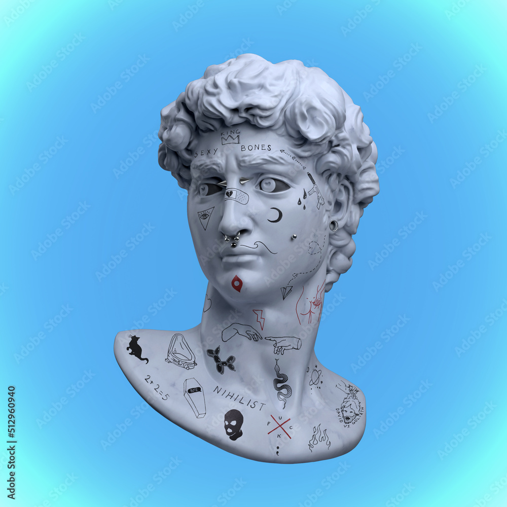 Funny illustration of a classical head bust sculpture from 3D rendering ...