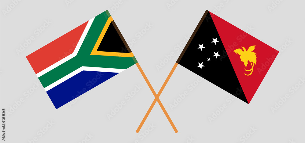 Crossed flags of South Africa and Papua New Guinea. Official colors. Correct proportion Stock ...
