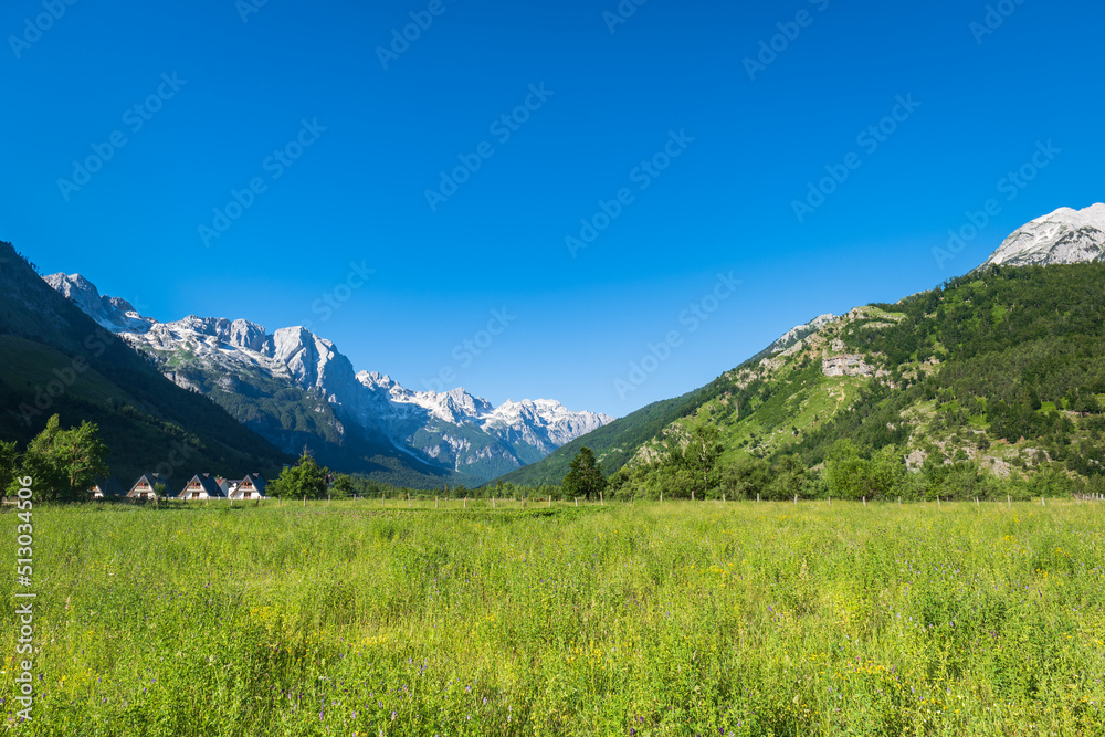 Albanian Alps view. Accursed Mountains landscape viewed from Valbona ...
