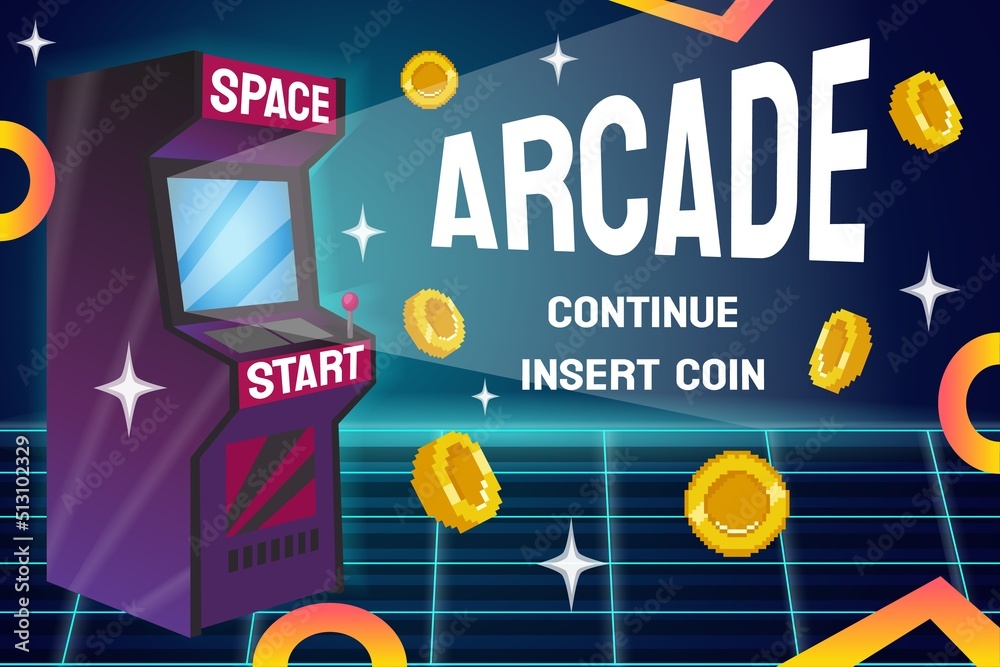 Retro game machine. Arcade screen party poster with video console ...