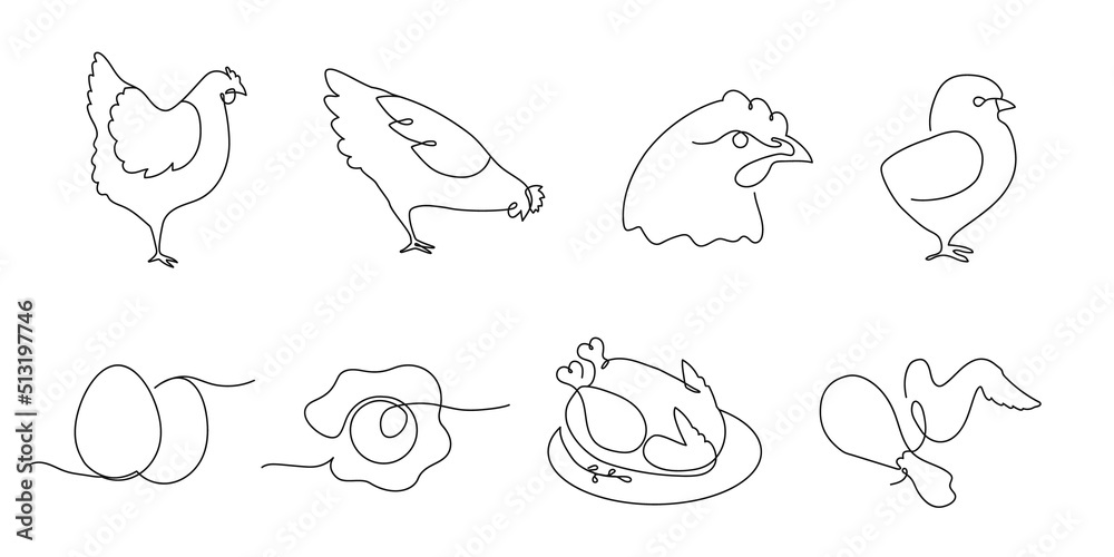 One line chickens. Farm bird, chicken meat and eggs continuous line ...