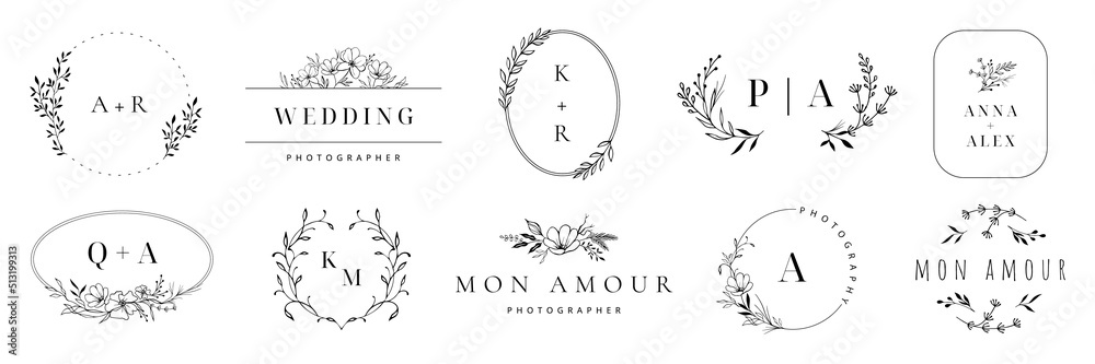 Wedding logo. Elegant monogram, hand drawn marriage invitations with ...