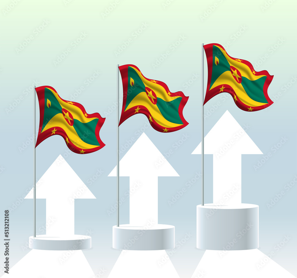 Grenada flag. The country is in an uptrend. Waving flagpole in modern ...