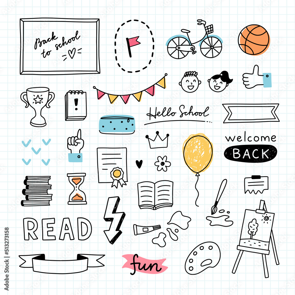 School doodle set. Hand drawn school illustrations. Back to school cute ...