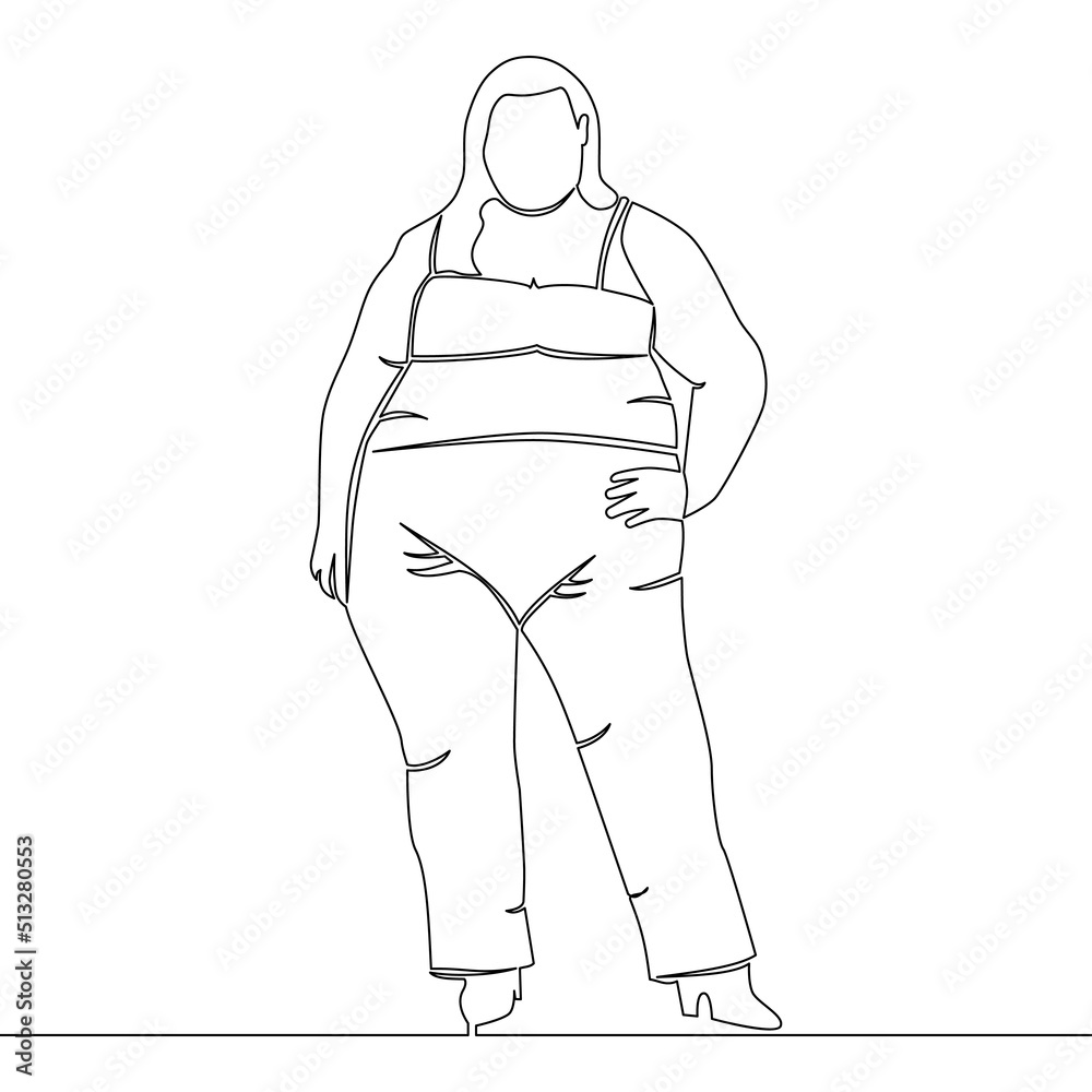 Continuous line drawing overweight female body positive fat woman icon ...