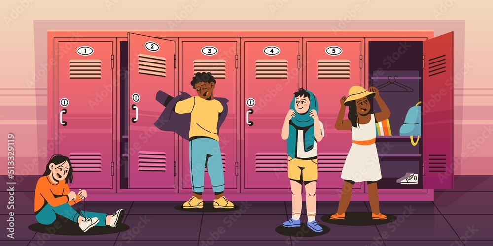 Kids changing clothes at lockers. Students in school locker room ...