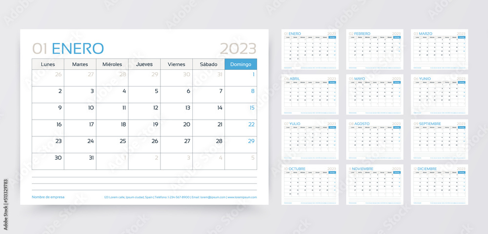 Calendar 2023 year. Spanish planner template. Week starts Monday. Desk ...