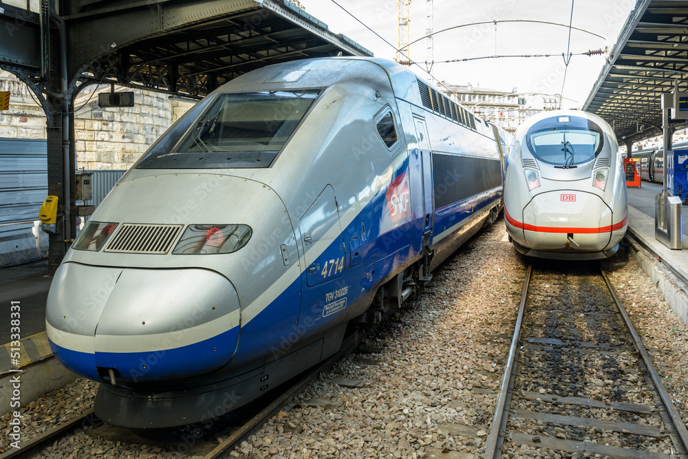 Paris, France - March 14, 2018: A TGV Duplex high speed train from french company SNCF is ...