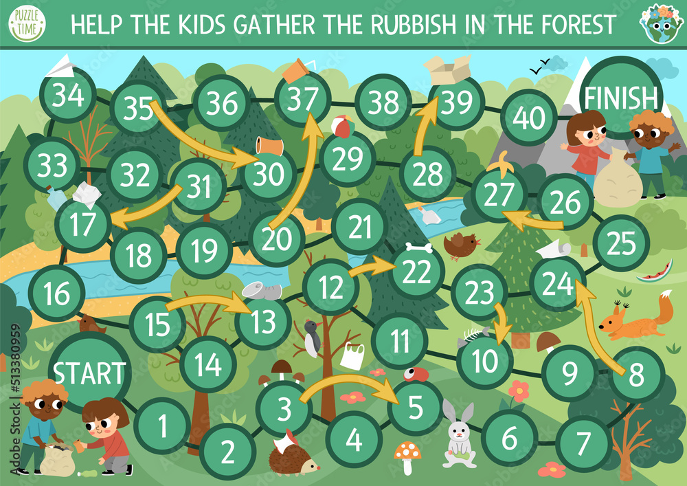 Ecological dice board game for children with kids gathering rubbish in ...