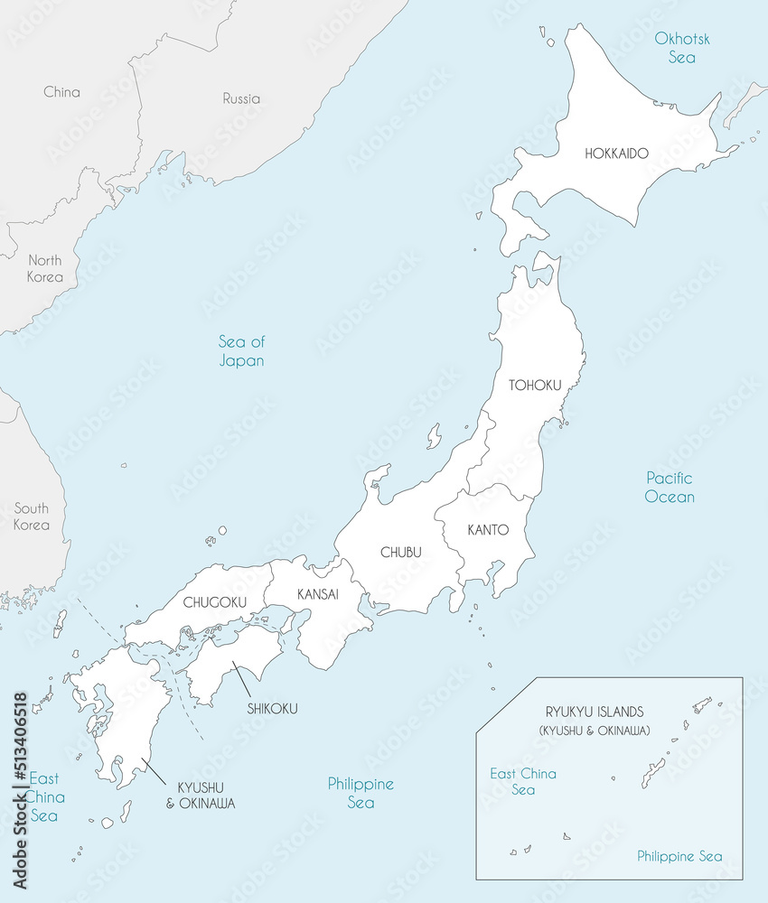 Vector map of Japan with regions and administrative divisions, and neighbouring countries ...