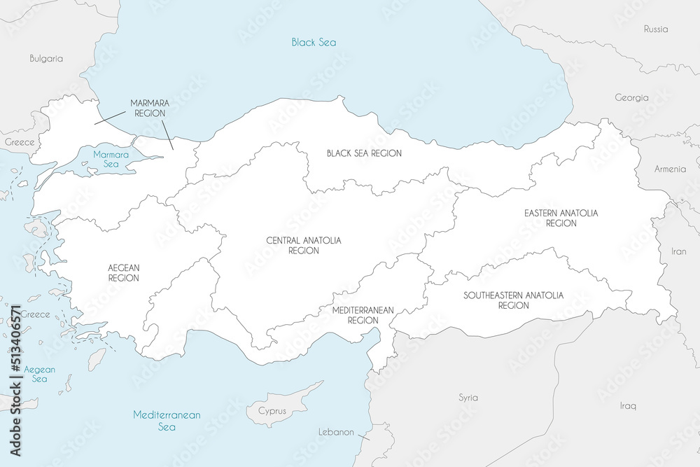 Vector map of Turkey with regions and geographical divisions, and ...