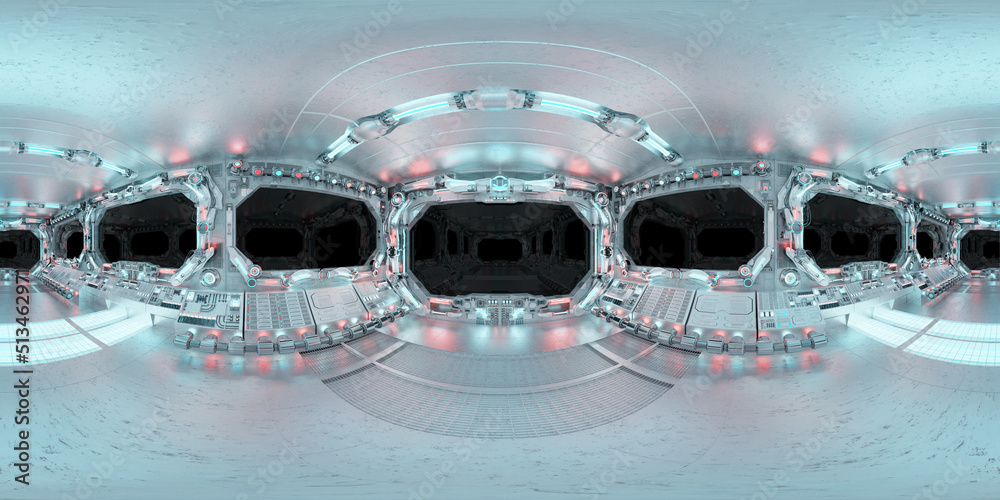 HDRI panoramic view of white blue spaceship interior with windows. High ...
