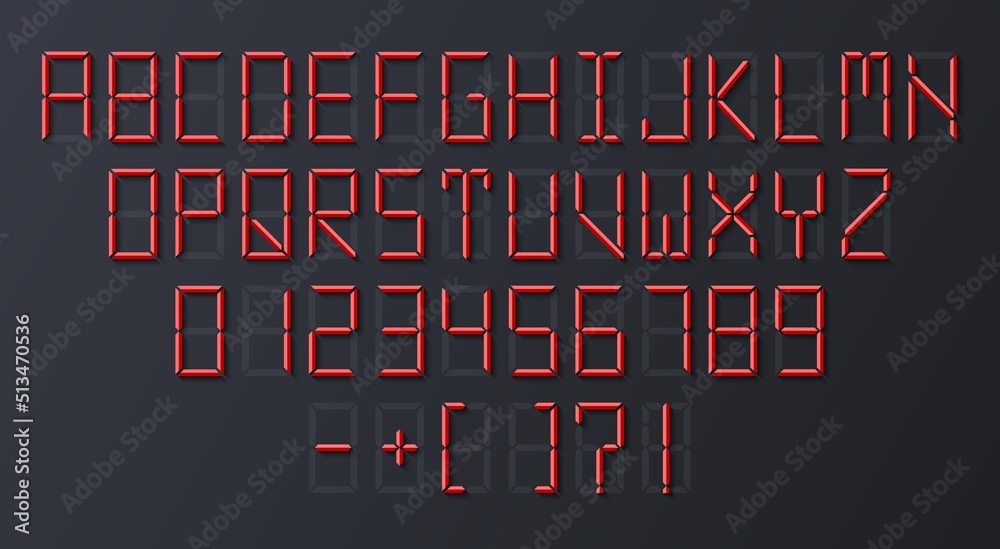 Digital 3d display font. Clock or alarm, watch timer letters and ...