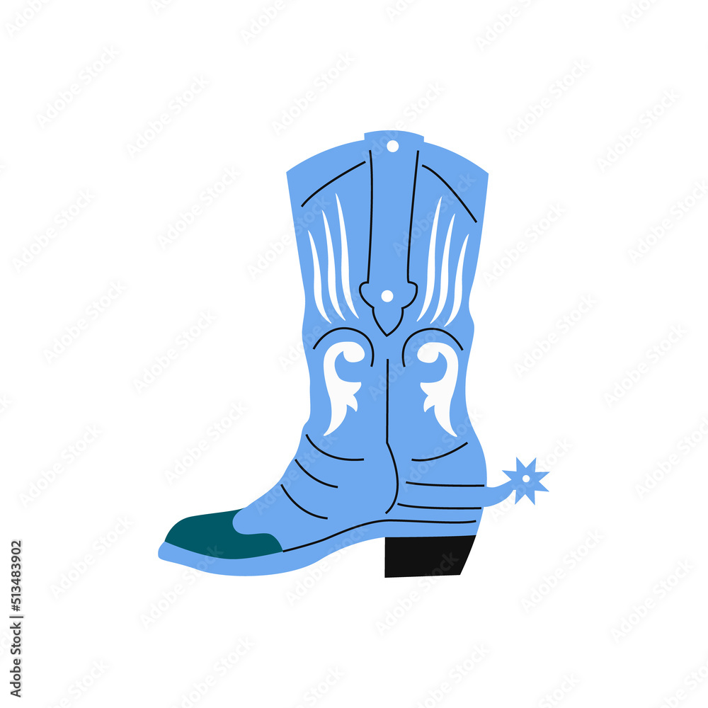 Cartoon сowgirl blue boot with spurs, flower ornaments. Cowboy western ...