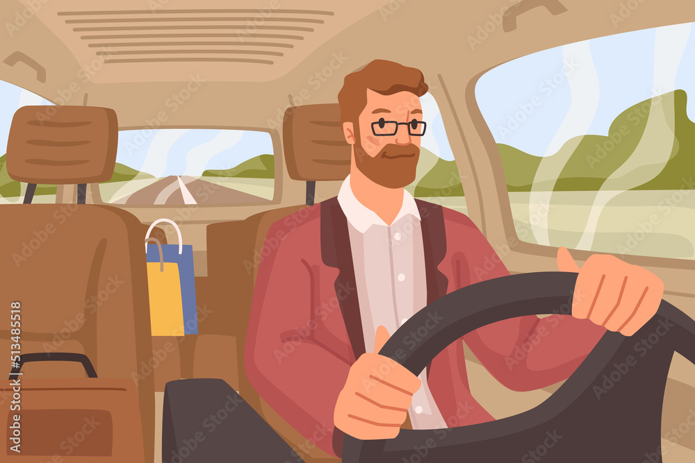 Male personage driving in car, serious man by steering wheel riding ...