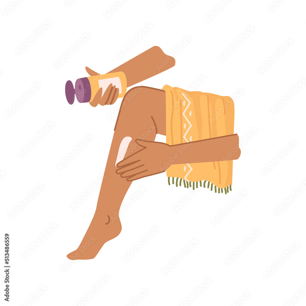 Female personage applying sunblock on leg, isolated woman with sun ...