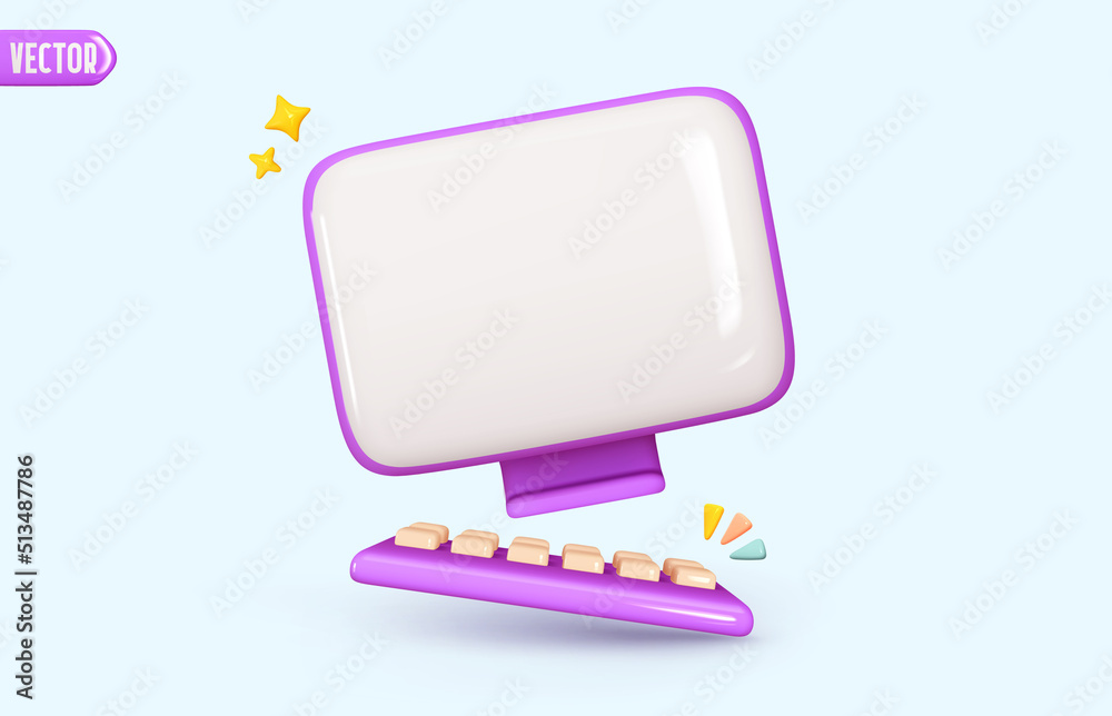 Vector de Stock Mock up desktop computer with keyboard. White Screen ...