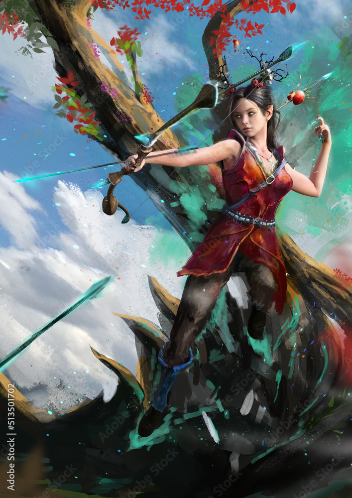 a beautiful elf girl with long ears shoots a magic bow at targets and ...