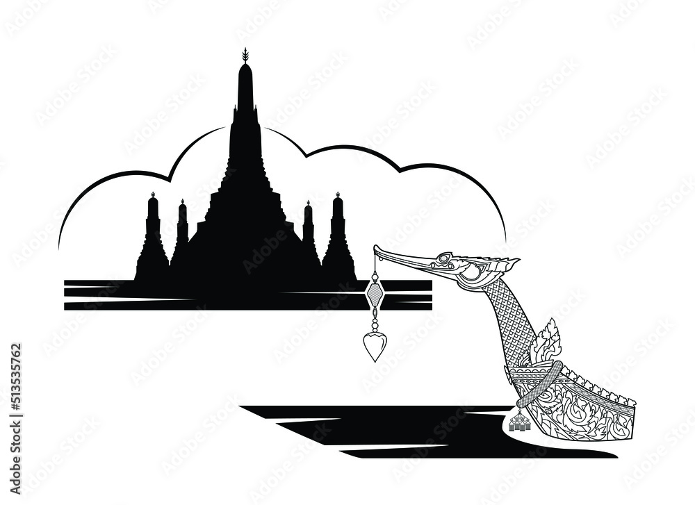 Line art of Bangkok Thailand symbols with Royal barge and Wat Arun ...