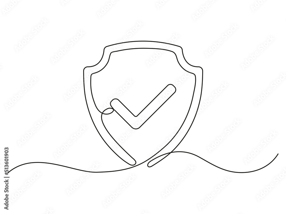 Shield with checkmark continuous line art. Protect linear symbol. Guard ...