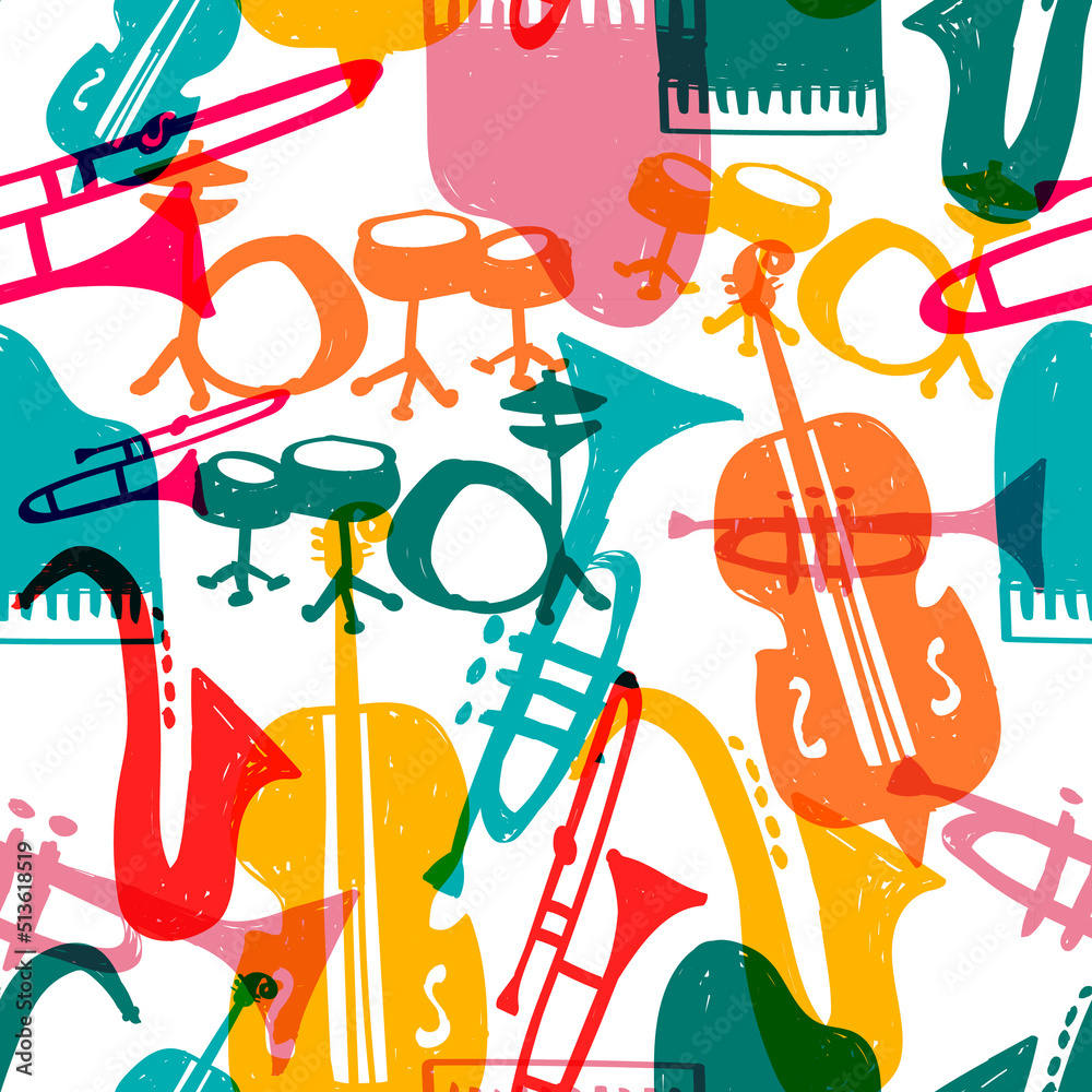 Jazz music instrument doodle seamless pattern background Stock Vector ...