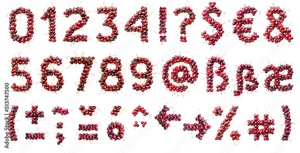 Cherry alphabet. Real berries in the form of letters, numbers and signs ...