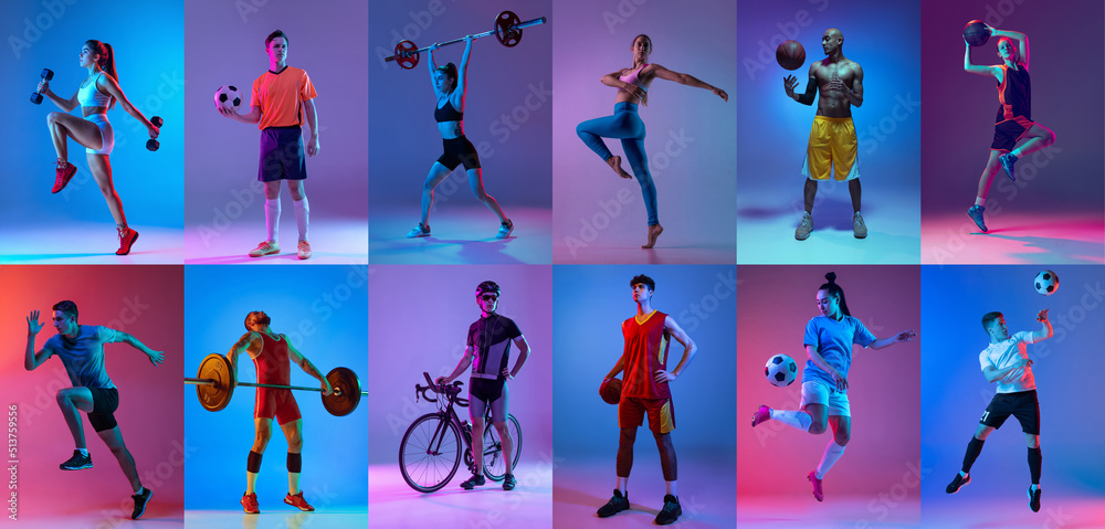Sport collage of professional athletes on gradient multicolored neoned ...