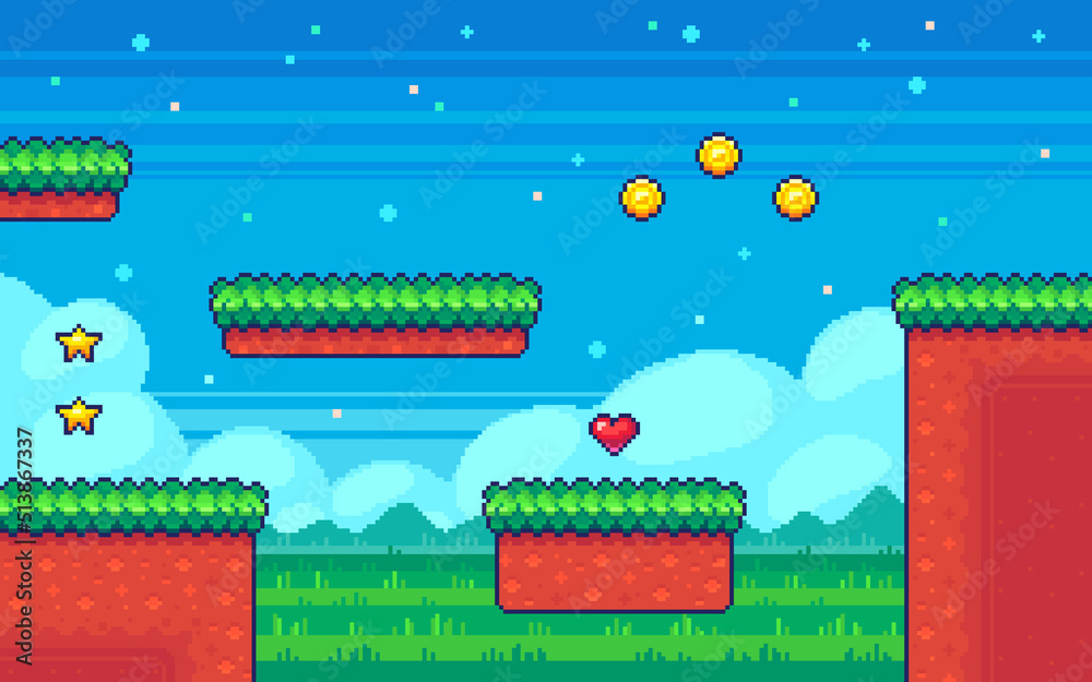 Pixel art game background. Computer game screen with bonus items Stock ...
