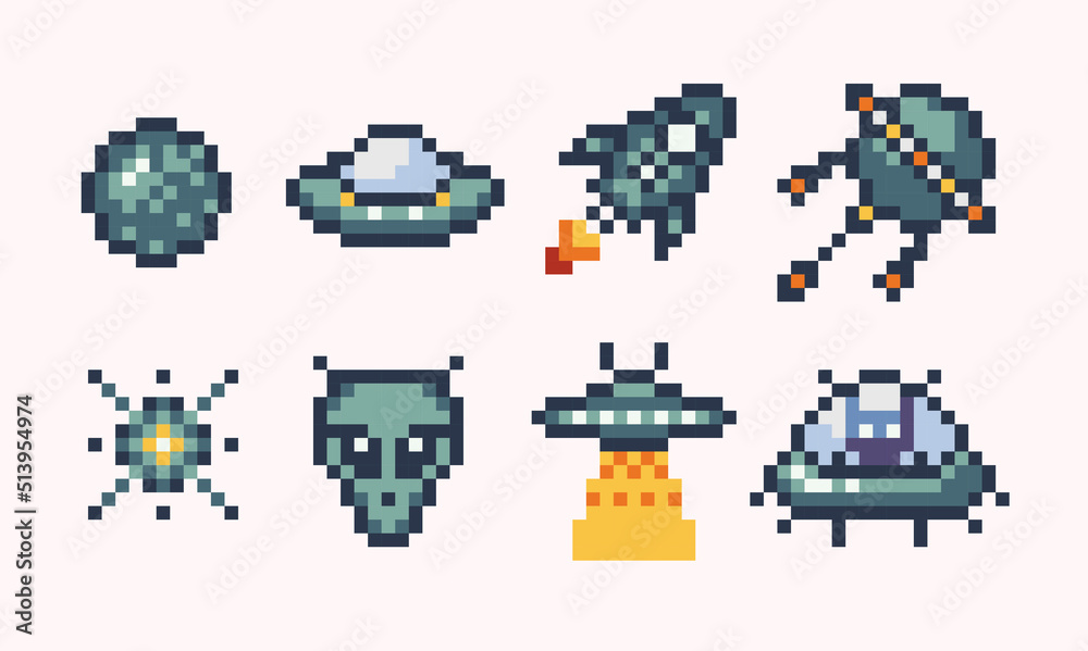 UFO, spaceship, spacecraft pixel art set. Alien ships, rocket ...