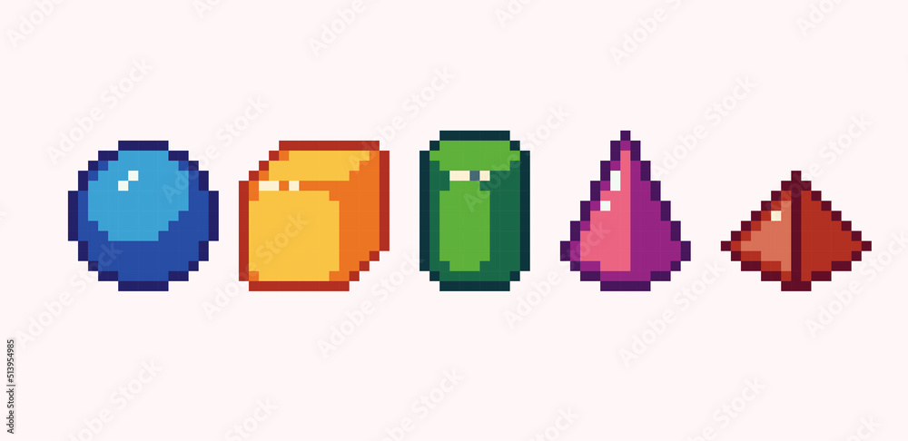 Simple shapes pixel art set. Basic figures collection. Box, cube, ball ...