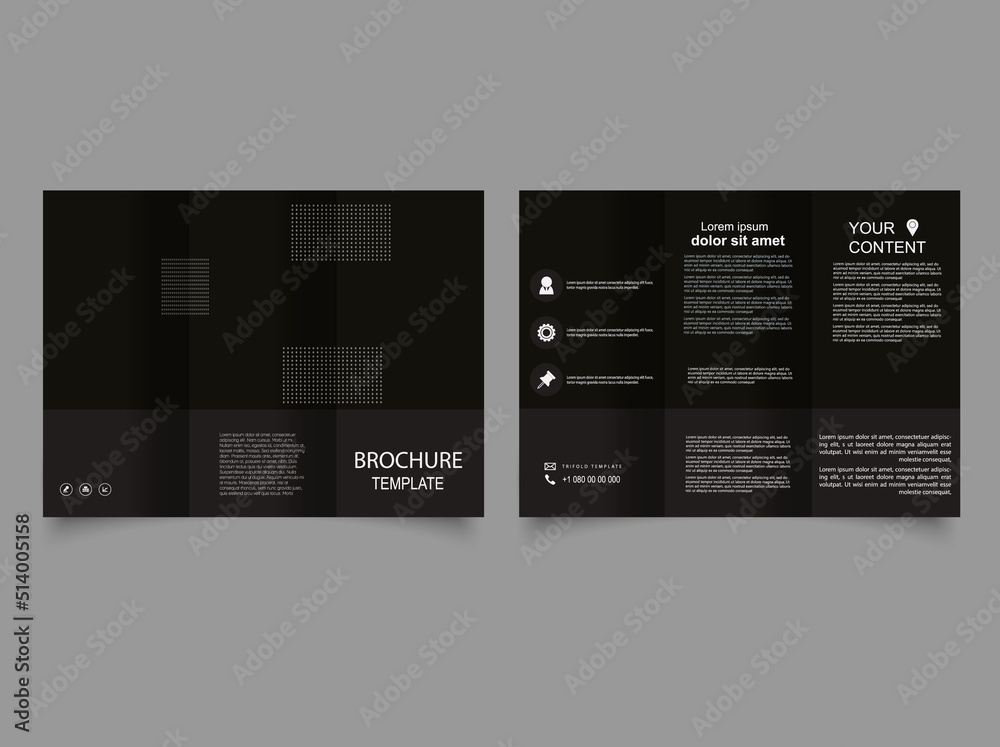 Dark tri fold brochure. Minimal corporate trifold business brochure ...