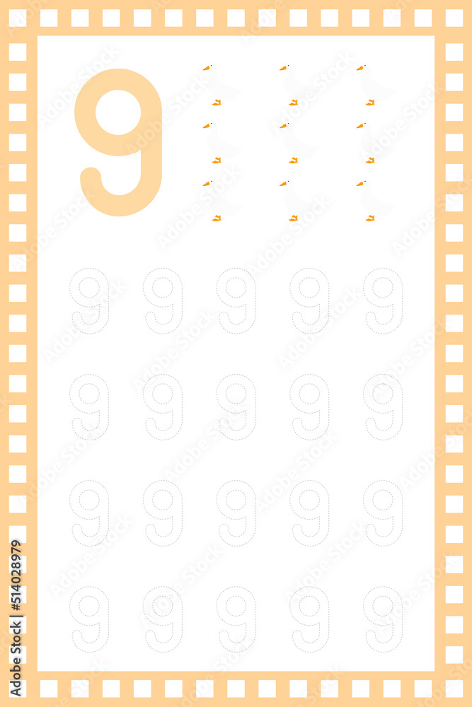 Number 9 lowercase. Worksheet. Children's education. Duck illustration ...