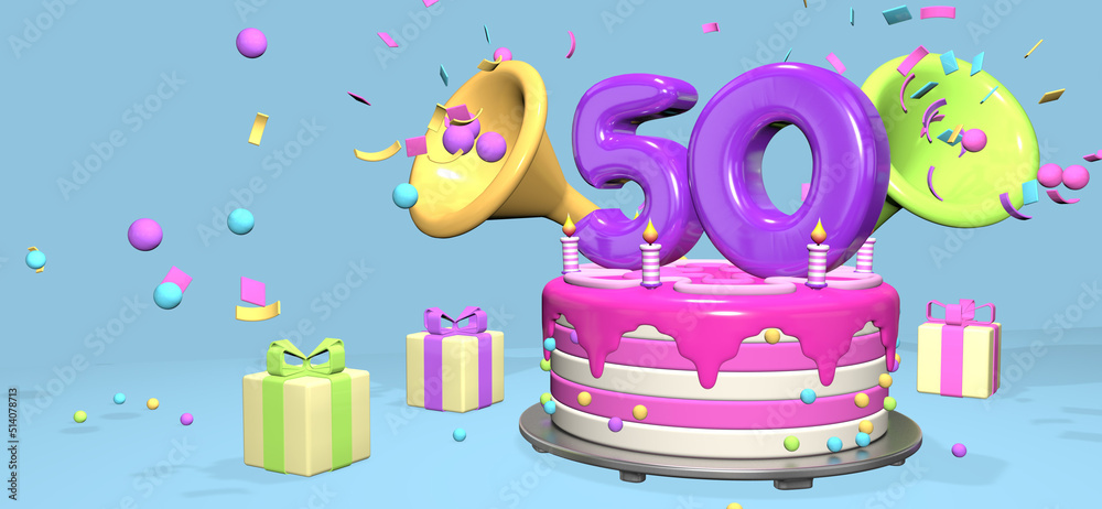 Pink birthday cake with thick purple number 50 surrounded by gift boxes ...