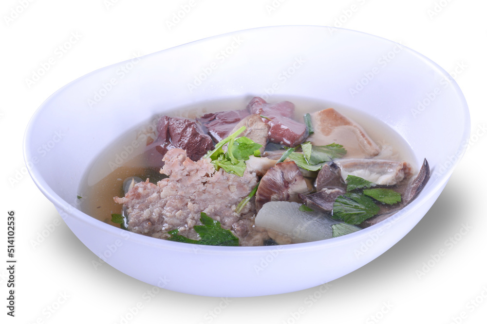 Thai Style Clear Soup with Congealed pork blood in White Bowl and ...