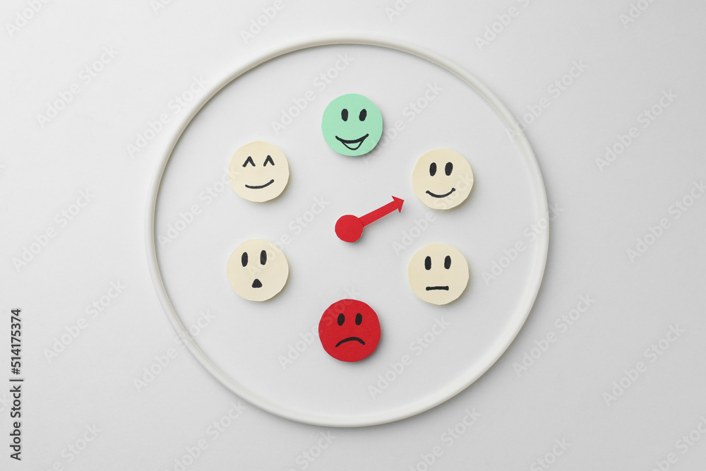 Mood indicator on white background, flat lay. Emotional management ...