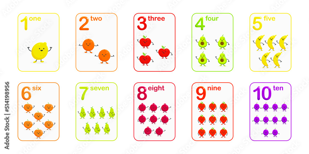 number flashcards with cartoon fruits for kids Stock Vector | Adobe Stock