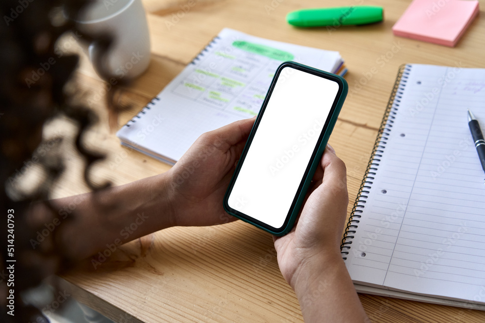 African American college girl student holding phone distance learning ...