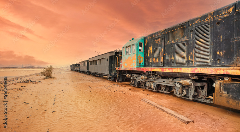 Old unused diesel locomotive and train at Wadi Rum railroad station ...