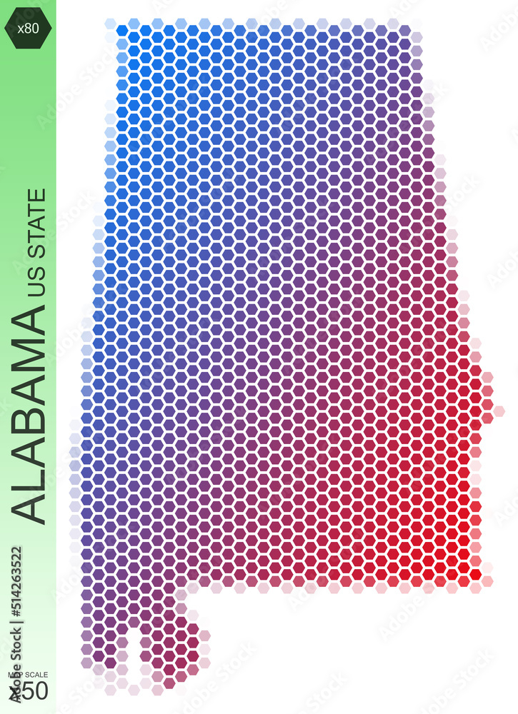 Dotted map of the state of Alabama in the USA, from hexagons, on a ...