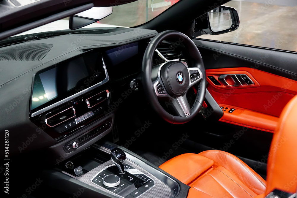 Bangkok, Thailand - 1 july 2022: BMW Z4 M40i interior in orange leather ...