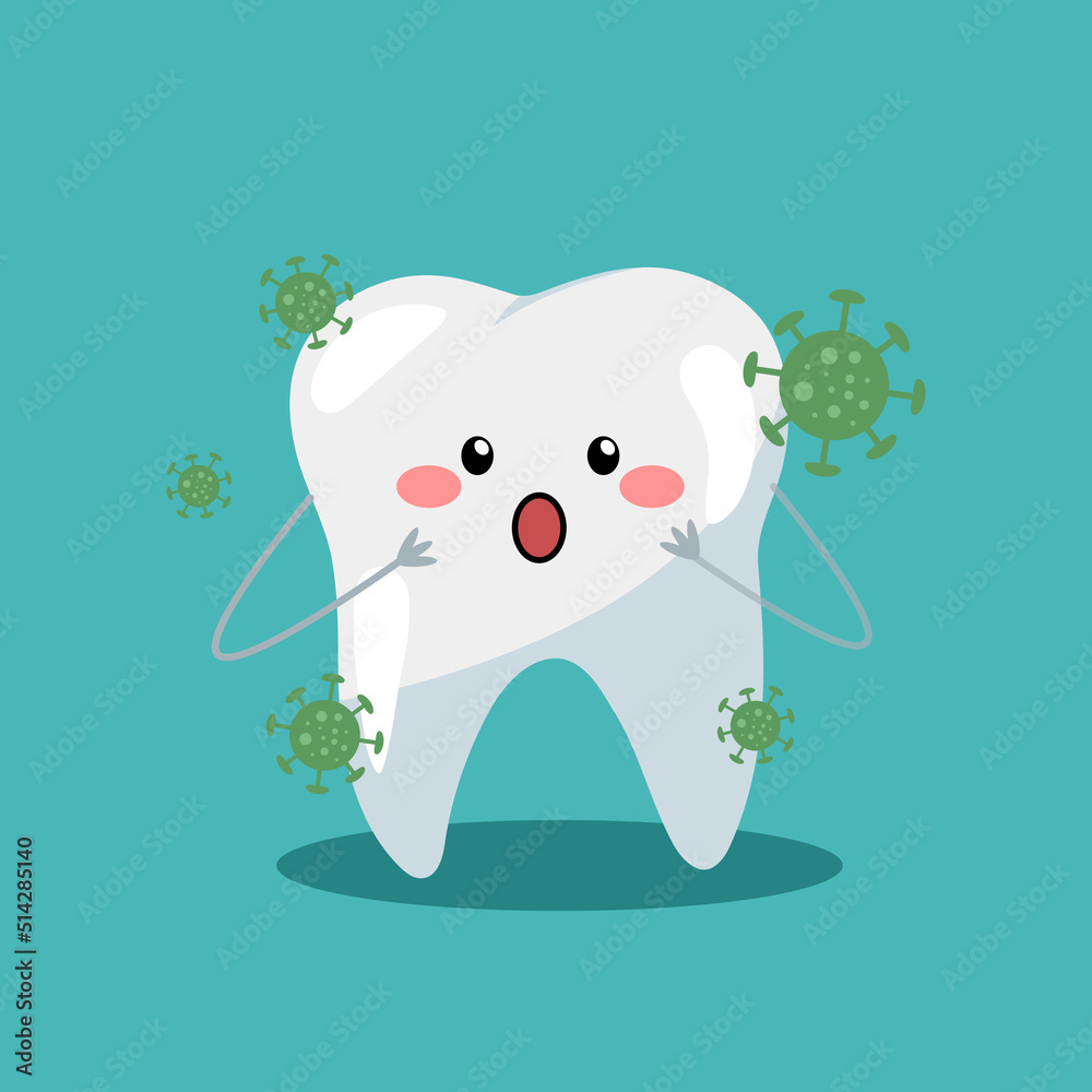 Caries tooth with bacteria cartoon in flat design. Sick tooth microbes ...