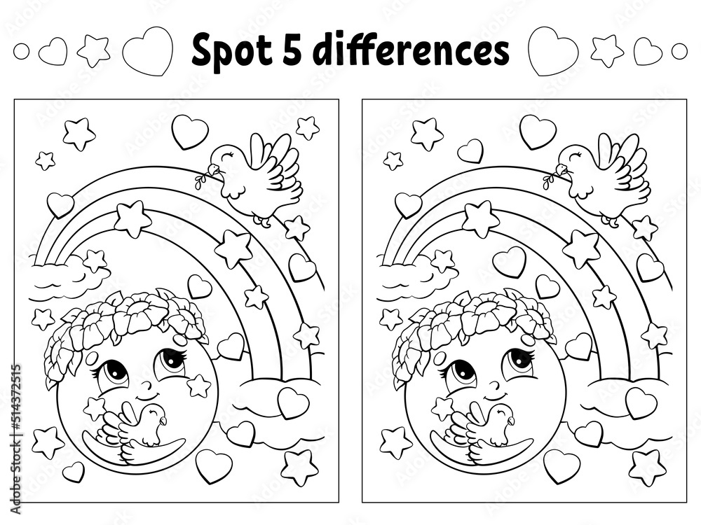 Find five differences. Coloring page for kids. Activity worksheet for ...