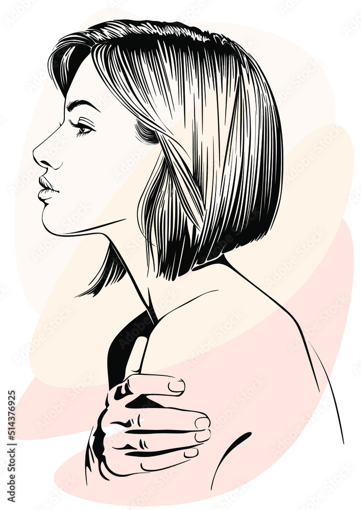 Vetor Vector drawing, graphic portrait of a beautiful girl. Facial ...