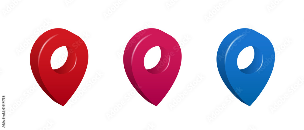 3d map pins. Map location pin. Navigation marker on the map. Vector set isolated on white ...