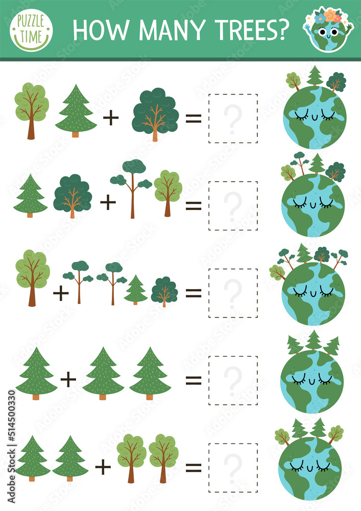 Vector de Stock How many trees game with cute planet. Ecological math ...