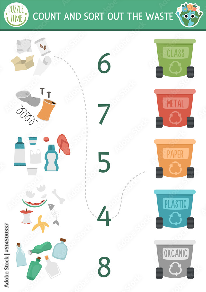 Match the numbers ecological game with garbage, rubbish bins. Zero ...