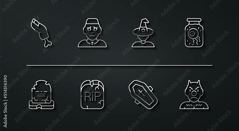 Set line Zombie finger, Tombstone with RIP written, Eye a jar, Coffin ...