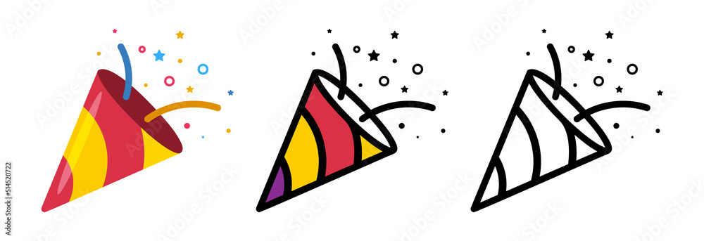 Set confetti party popper icon, fireworks logo, cap, flat design ...